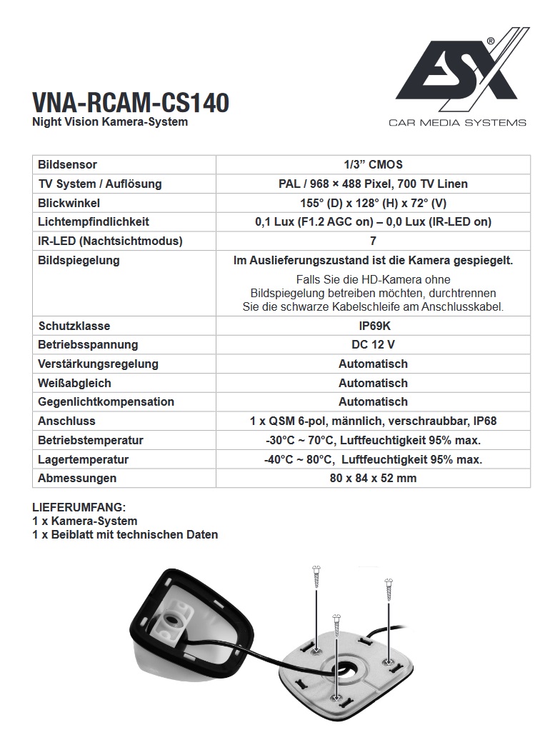 ESX VNA-RCAM-CS140 Night Vision Aufbaukamera Rückfahrkamera Universal Kamera